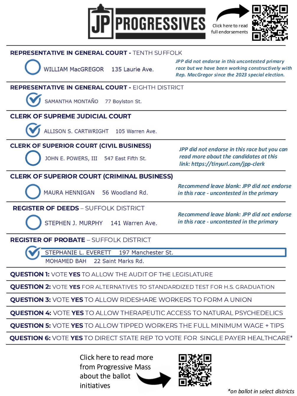 JPP 2024 General Election Endorsement Flyer – Jamaica Plain Progressives